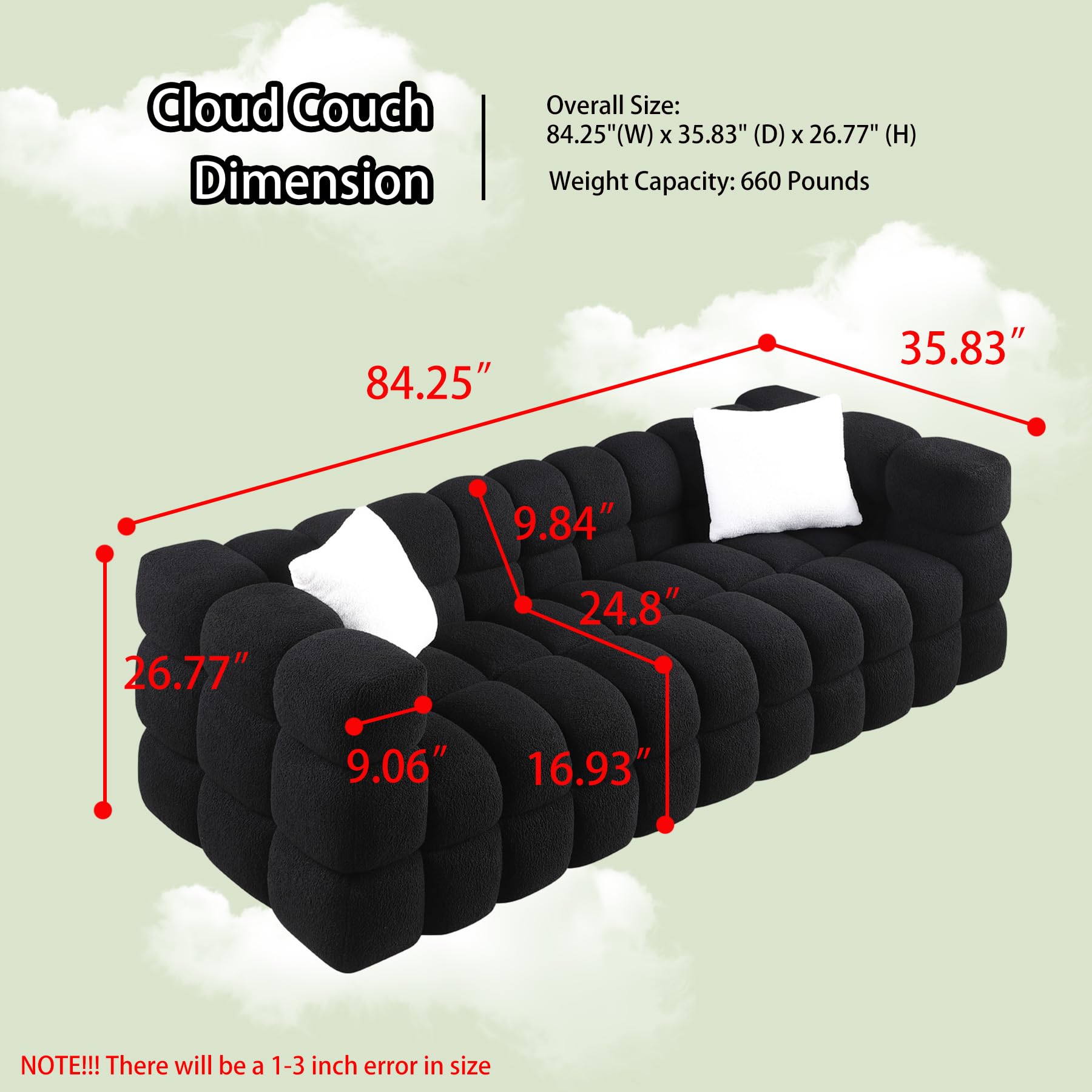 Dolonm Cloud Sofa Couch, Bouclé Fabric Couches for Living Room 84 Inch Modern Sofa for Apartment, Black