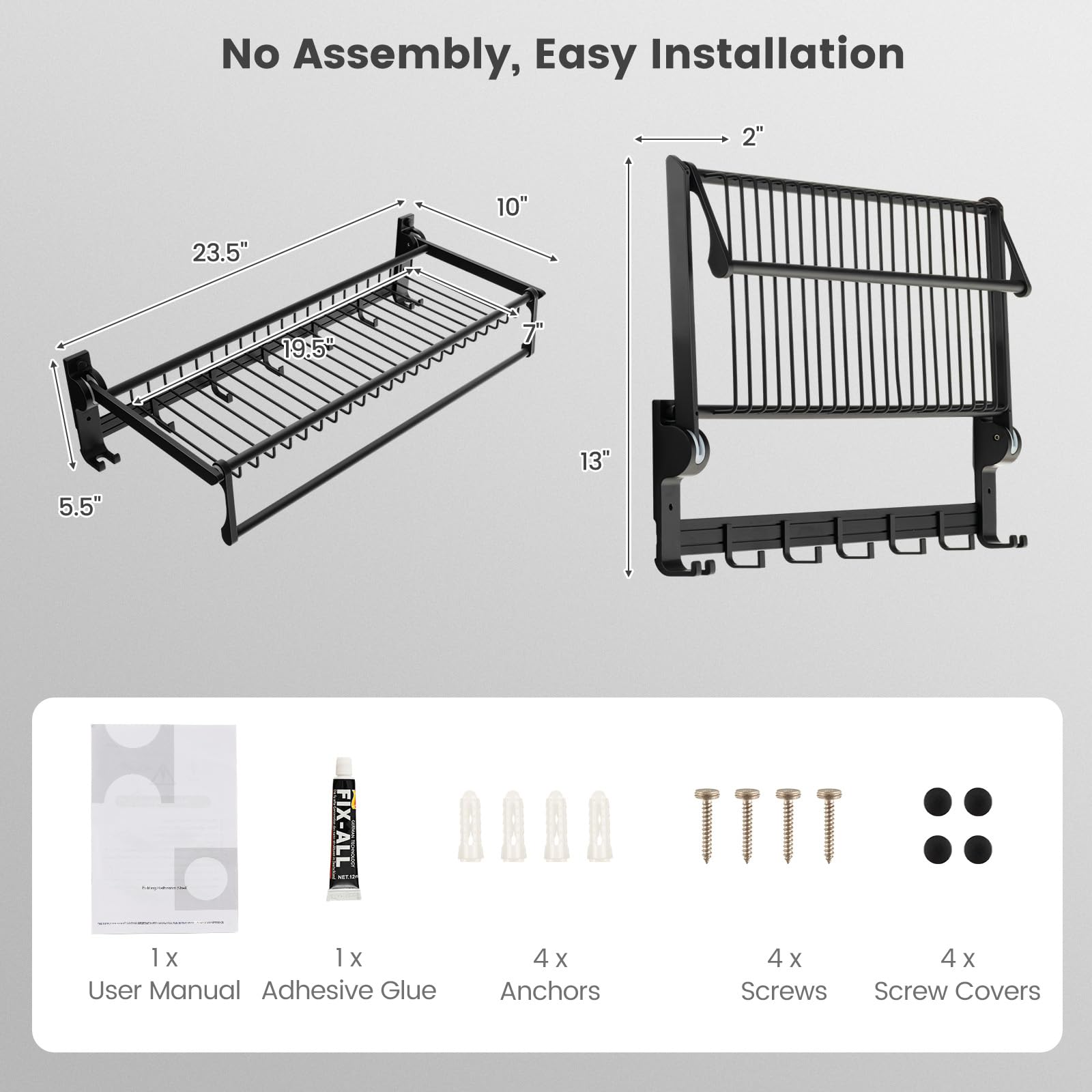 Tangkula Foldable Bathroom Shelf, Wall Mounted Bathroom Shelf Rack w/Adjustable Bar & Movable Hooks, Rustproof & Waterproof Space-Aluminum Holder Organizer, No Assembly Required (Black)