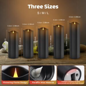 ALED LIGHT Black Real Wax Rechargeable Flameless Candles Flickering Realistic,Rechargeable LED Pillar Candles with Remote for Home Decor Idea Gift，Pack 5(D 2.2”X H 5”5.5”6”7”8”)