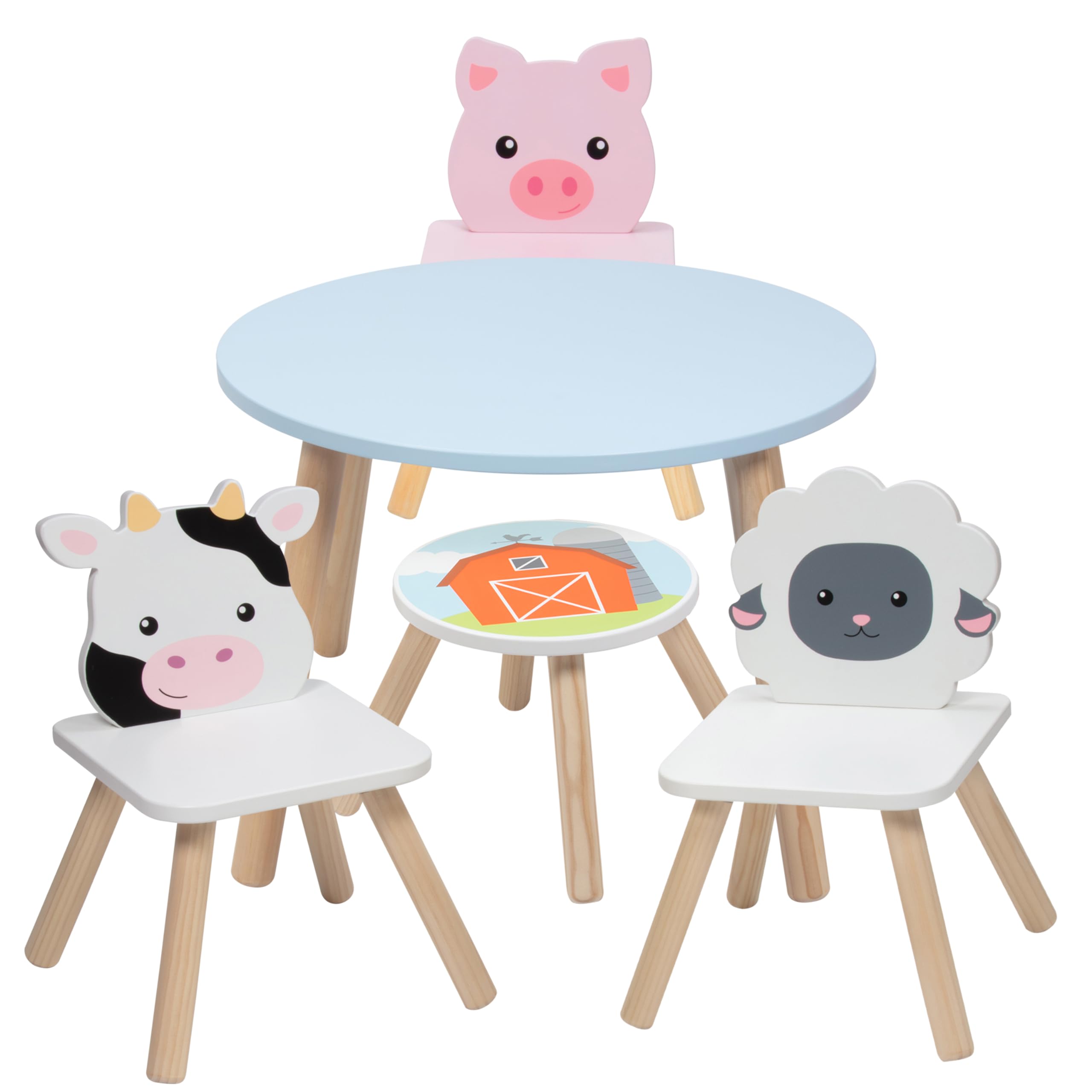 Kids Wooden Animal Table & Chair Set w 4 Seats- Cow Pig Sheep plus Adult Stool for Arts Crafts, Dining, Pretend Play- Durable Playroom Furniture for Home, Daycare Classroom- Toddler Children Xmas Gift