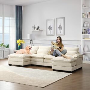 Modern Sectional Sofa Couch, Comfy U Shape Cloud Couch with Double-layer Cushion, Oversized 6 Seater Sofa with 4 Pillows, Upholstered Deep Seat Couch for Living Room, Office, Apartment, Beige Chenille