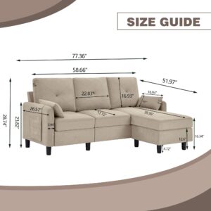 Soscana 77" Convertible Sectional Sofa, Modern Linen Fabric Small L Shaped Couch with Reversible Chaise, 3-Seat Sofa Couches for Living Room, Apartment and Small Space,Beige