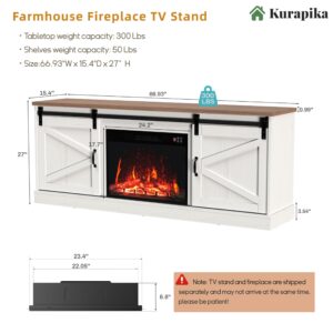 Kurapika Fireplace TV Stand for up to 75" TV, Farmhouse Entertainment Center with 24" Fireplace, 67" Media Console Cabinets for Living Room w/Storage Shelves, Remote Control, White