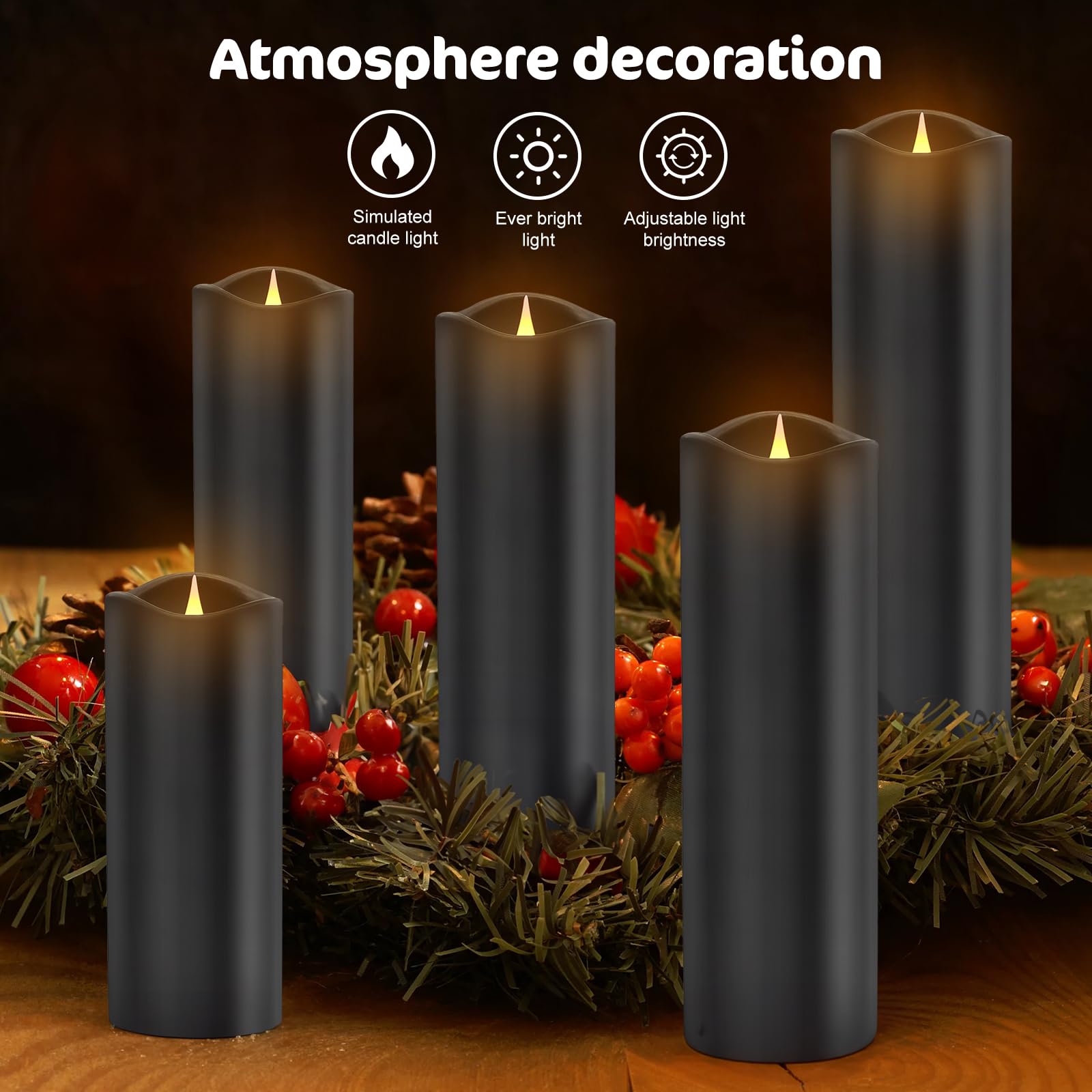 ALED LIGHT Black Real Wax Rechargeable Flameless Candles Flickering Realistic,Rechargeable LED Pillar Candles with Remote for Home Decor Idea Gift，Pack 5(D 2.2”X H 5”5.5”6”7”8”)