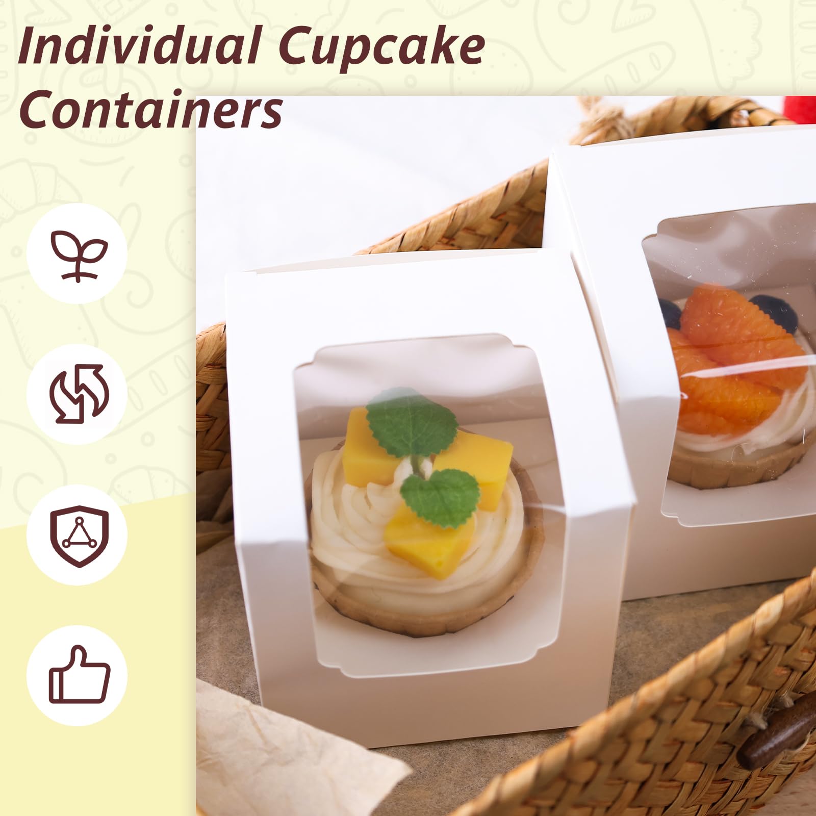 JOHOUSE 20PCS Cupcake Boxes, 3.5"x3.5"x3.5" Individual Cupcake Containers Pre-Assembled Containers with Window and Inserts for Wedding Baby Shower Birthday Gifting