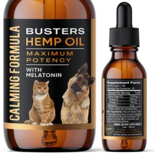 busters calming hemp oil, enriched with melatonin for dogs, cats, pets, sleep aid, natural anxiety relief, ideal omega ratio, adrenal and cushings support