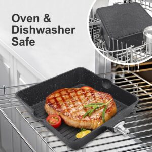 AIKENBBKK Nonstick Square Grill Pan 9.5 Inch, Cast Aluminium Steak Pan with Detachable Handle, Oven& Dishwasher Safe, Double Pour Spouts, Black