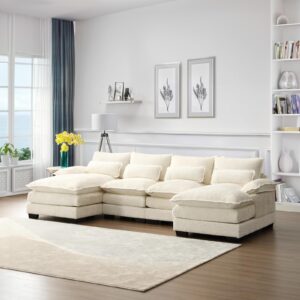 modern sectional sofa couch, comfy u shape cloud couch with double-layer cushion, oversized 6 seater sofa with 4 pillows, upholstered deep seat couch for living room, office, apartment, beige chenille