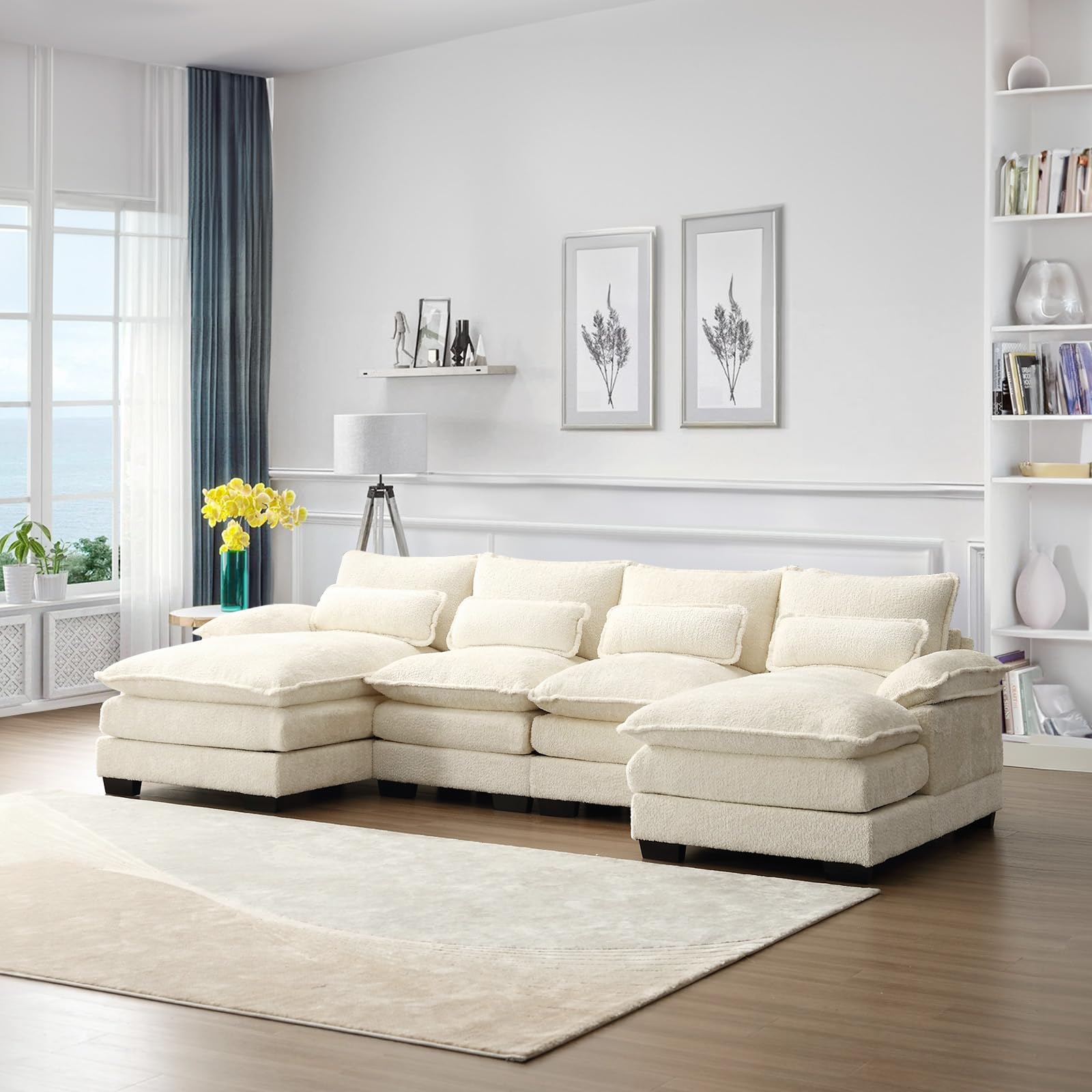 Modern Sectional Sofa Couch, Comfy U Shape Cloud Couch with Double-layer Cushion, Oversized 6 Seater Sofa with 4 Pillows, Upholstered Deep Seat Couch for Living Room, Office, Apartment, Beige Chenille