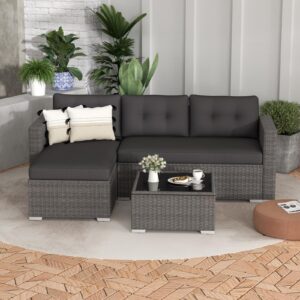 oc orange-casual 3-piece patio furniture set, all-weather outdoor sectional sofa set, wicker loveseat lounge couch with glass coffee table for deck balcony, gradient grey rattan, dark grey cushion