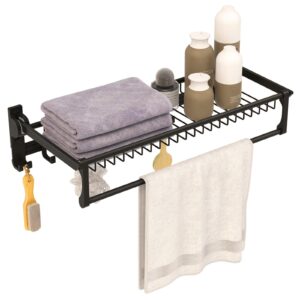 tangkula foldable bathroom shelf, wall mounted bathroom shelf rack w/adjustable bar & movable hooks, rustproof & waterproof space-aluminum holder organizer, no assembly required (black)