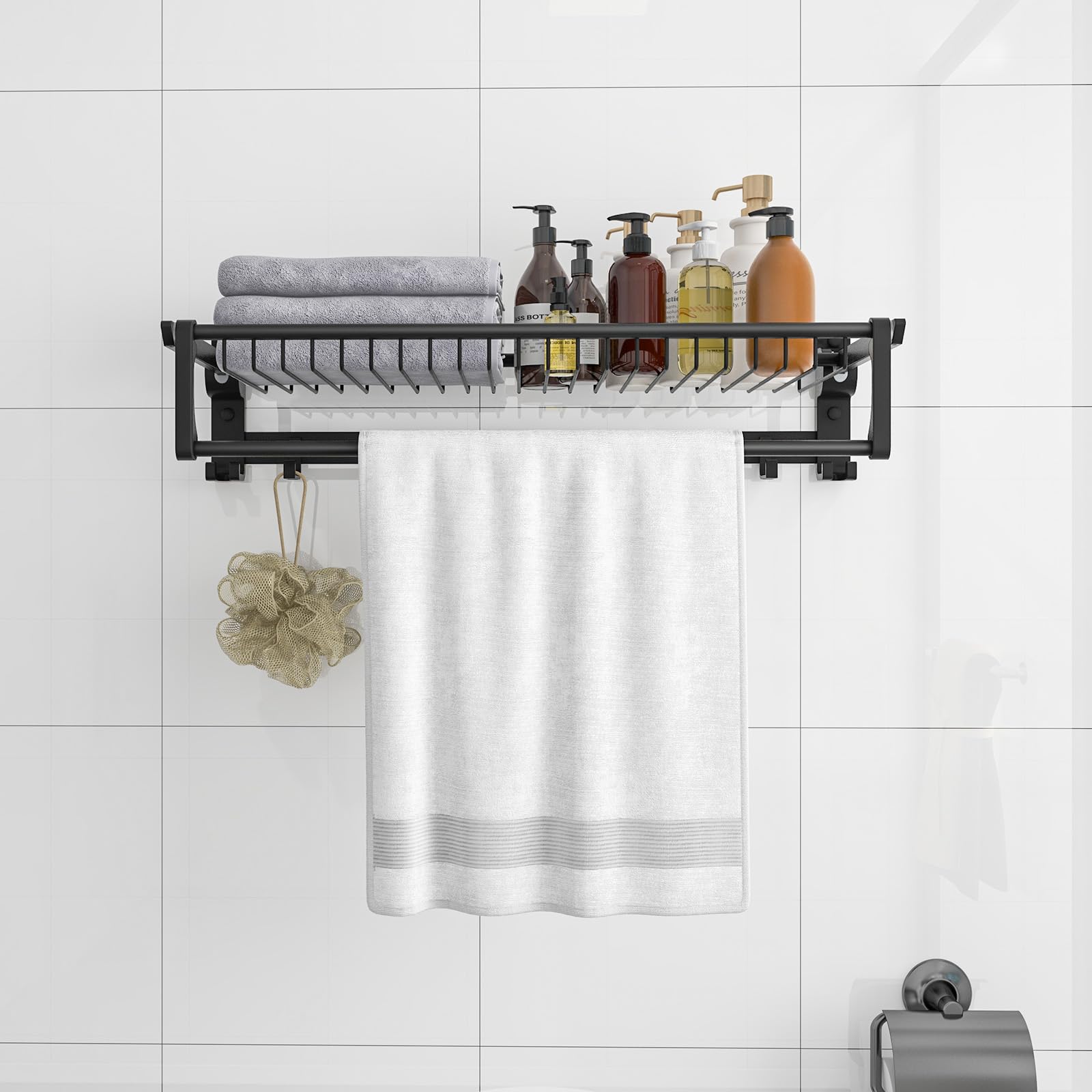 Tangkula Foldable Bathroom Shelf, Wall Mounted Bathroom Shelf Rack w/Adjustable Bar & Movable Hooks, Rustproof & Waterproof Space-Aluminum Holder Organizer, No Assembly Required (Black)