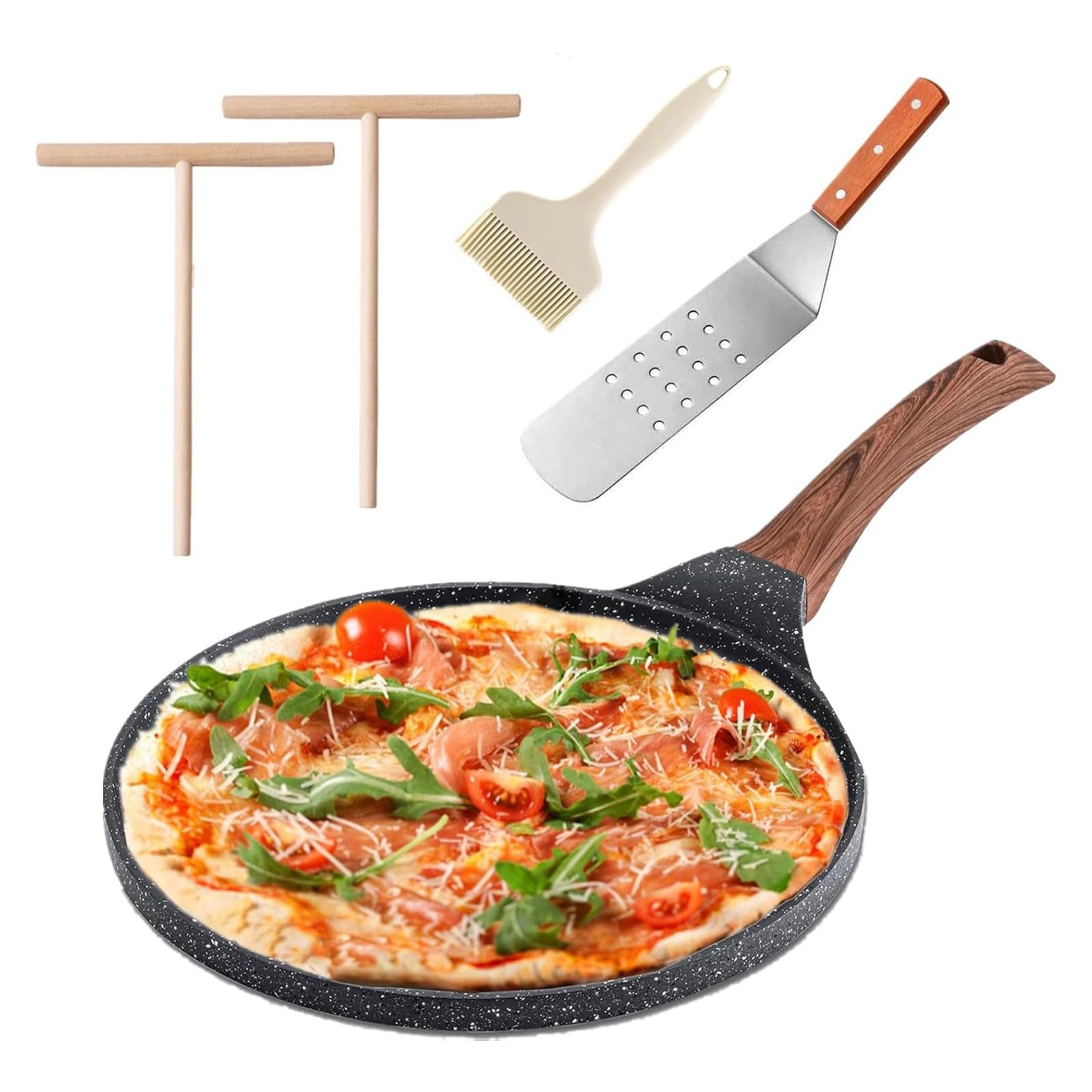 DOTUHAO Nonstick Crepe Pan Set, 5 Piece Set Kitchen Pancake Grill Pan, 11 Inch Granite Coating Flat Skillet Tawa Dosa Tortilla Pan, Pizza Pan, Fry Pan Compatible with All Stovetops