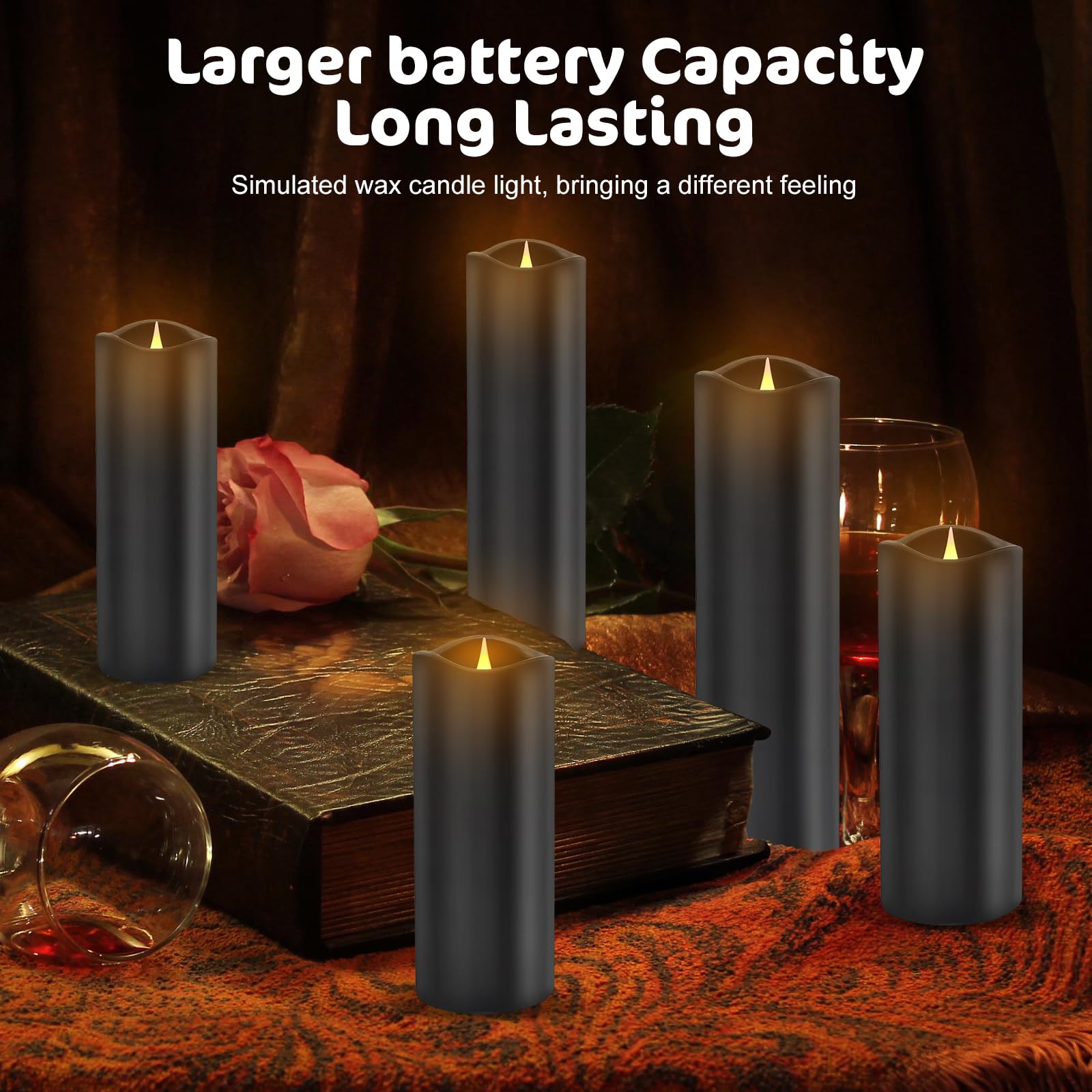 ALED LIGHT Black Real Wax Rechargeable Flameless Candles Flickering Realistic,Rechargeable LED Pillar Candles with Remote for Home Decor Idea Gift，Pack 5(D 2.2”X H 5”5.5”6”7”8”)