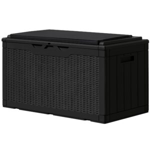 gunji 100 gallon resin deck box with cushion,outdoor weatherproof large storage box,lockable storage container for patio furniture,garden tools,pool supplies (black)