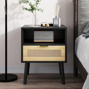 smuxee black rattan nightstand with drawer, boho large bedside table with open shelf, side table for bedroom, study room