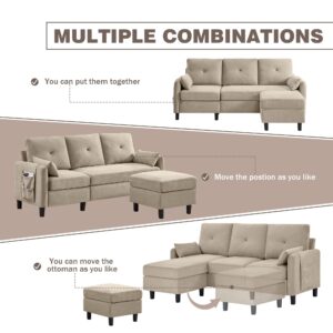 Soscana 77" Convertible Sectional Sofa, Modern Linen Fabric Small L Shaped Couch with Reversible Chaise, 3-Seat Sofa Couches for Living Room, Apartment and Small Space,Beige