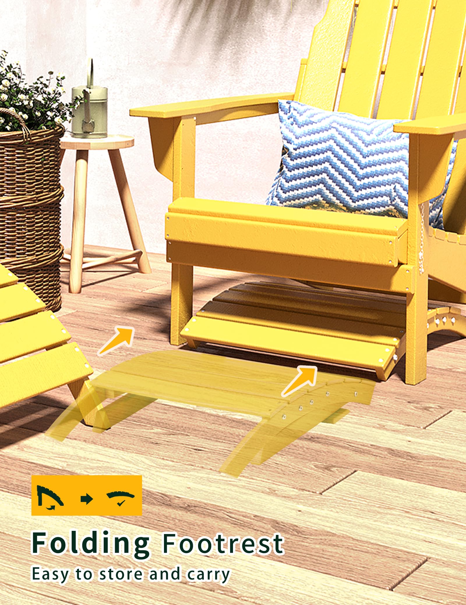 BUPPLEE Folding Adirondack Ottoman for Adirondack Chair, HDPE All Weather Outdoor Footrest Poly Lumber Adirondack Footstool for Patio, Backyard, Garden, Easily Storage - Yellow