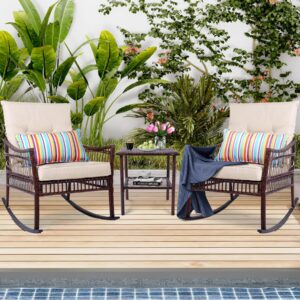 cirmubuy 3 pieces patio furniture set, outdoor rocking chairs set of 2, wicker cushioned patio rocker with side table for porch, garden, poolside & deck, beige