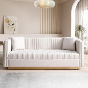 mikibama modern velvet loveseat sofa, 78 inch channel tufted sofa couch, luxury 3 seater couch with 2 pillows and gold metal legs for living room, bedroom, apartment (beige)