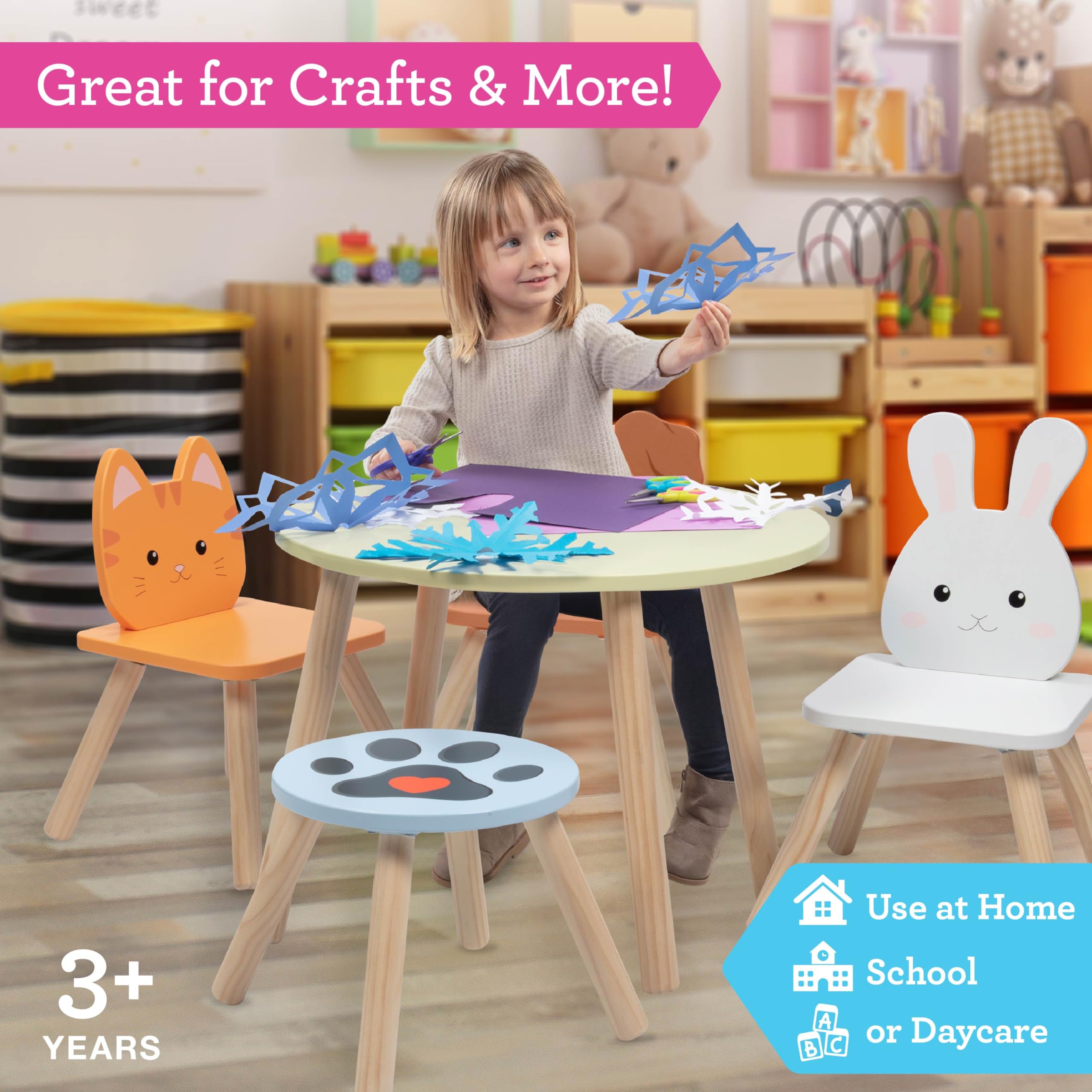 Kids Wooden Animal Table & Chair Set w 4 Seats- Puppy Kitten Bunny Plus Adult Stool for Arts Crafts, Dining, Pretend Play- Durable Playroom Furniture for Home, Daycare Classroom- Toddler Xmas Gift