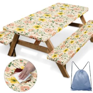 britown picnic table cover with bench covers elastic edges, wild flower fitted table cover, outdoor patio camping essentials 72 inch 3pcs, waterproof camping fitted tablecloth with drawstring bag