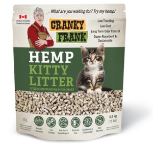 cranky frank hemp cat litter pellets, low-dust, low-tracking, super-absorbent kitty litter feat. long-term odor control, 15 lb.