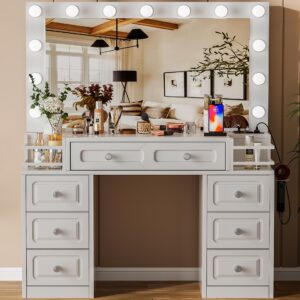 furnjoylife farmhouse makeup vanity desk with lighted mirror & power outlet, vanity dresser table with 3 lighting modes brightness adjustable,7 drawer,2 shelves,hair dryer stand for bedroom,white