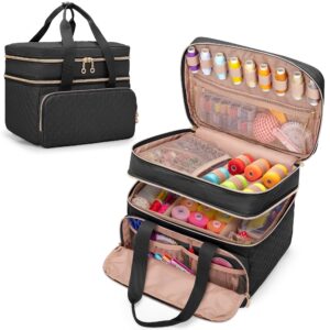 yarwo double-layer sewing supplies organizer with 5 customized dividers, portable sewing accessories storage bag with multi pockets for sewing kits and tools, black (bag only)