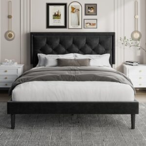 sismplly full size platform bed frame with velvet headboard, modern upholstered mattress foundation with wooden slats support, no box spring needed, noise free, easy assembly, black