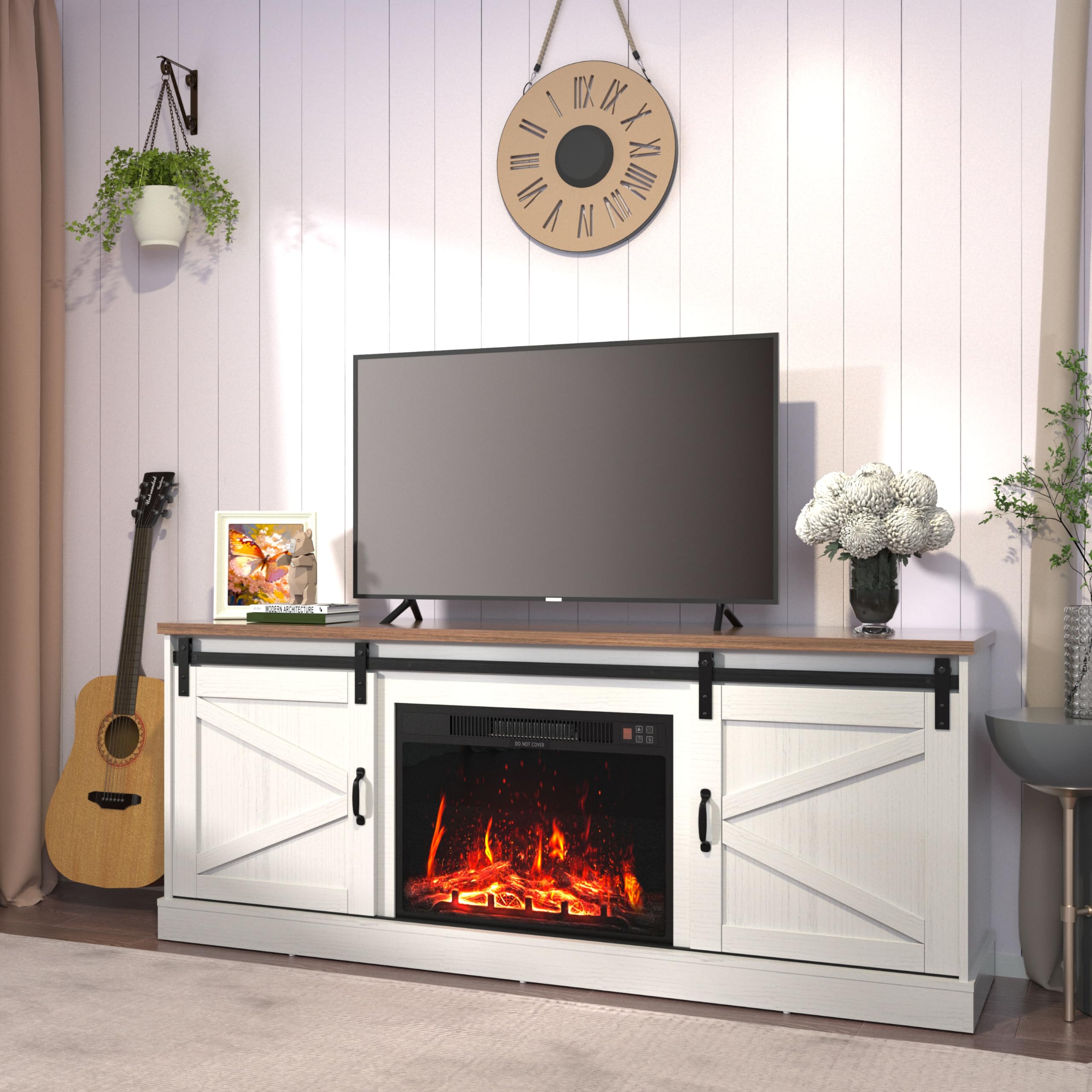 Kurapika Fireplace TV Stand for up to 75" TV, Farmhouse Entertainment Center with 24" Fireplace, 67" Media Console Cabinets for Living Room w/Storage Shelves, Remote Control, White