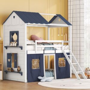 merax twin over twin bunk wood house bed with elegant windows, sills and tent, blue+white