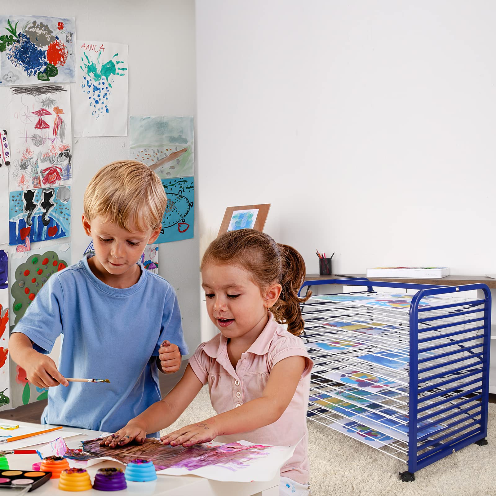 PioneerWorks Art Drying Rack with 4 Wheels, Paint Drying Rack with 16 Mobile Shelves, Canvas Rack Art Storage Stack Rack, 18" D x 26" L x 26" H, Ideal for Schools & Art Studios & Classroom