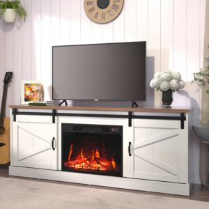 Kurapika Fireplace TV Stand for up to 75" TV, Farmhouse Entertainment Center with 24" Fireplace, 67" Media Console Cabinets for Living Room w/Storage Shelves, Remote Control, White