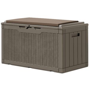 gunji 100 gallon resin deck box with cushion,outdoor weatherproof large storage box,lockable storage container for patio furniture,garden tools,pool supplies (light brown)