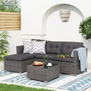 OC Orange-Casual 3-Piece Patio Furniture Set, All-Weather Outdoor Sectional Sofa Set, Wicker Loveseat Lounge Couch with Glass Coffee Table for Deck Balcony, Gradient Grey Rattan, Dark Grey Cushion