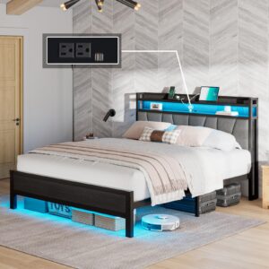 luxoak full size bed frame with rgbw led lights & charging station, linen upholstered headboard with 2-tier storage, stable metal platform, easy assembly/no box spring needed/noise-free, black