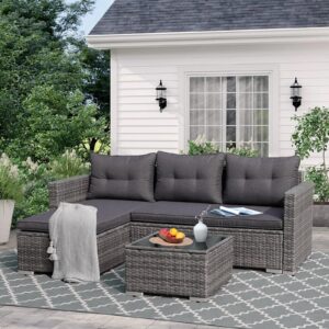 OC Orange-Casual 3-Piece Patio Furniture Set, All-Weather Outdoor Sectional Sofa Set, Wicker Loveseat Lounge Couch with Glass Coffee Table for Deck Balcony, Gradient Grey Rattan, Dark Grey Cushion