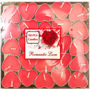 xlehoely 50 pack tea light candles,heart shaped unscented tealight candles,romantic love smokeless tea lights candles,dripless & long lasting tea candles for mood,romantic decor,pool,dinners (red)