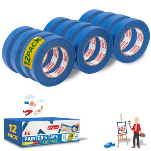 xfasten blue painters tape bulk 12-pack 1 inch x 60-yards 2160ft total, wall safe blue masking tape 1 inch wide, blue paint tape for walls paint masking tape blue tape painters masking tape