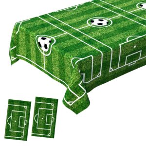 2 pack green soccer table cloth plastic soccer party decorations tablecloth disposable sports theme party table covers soccer theme table cloth for birthday, outdoor picnic, party supplies 54 x 108 in