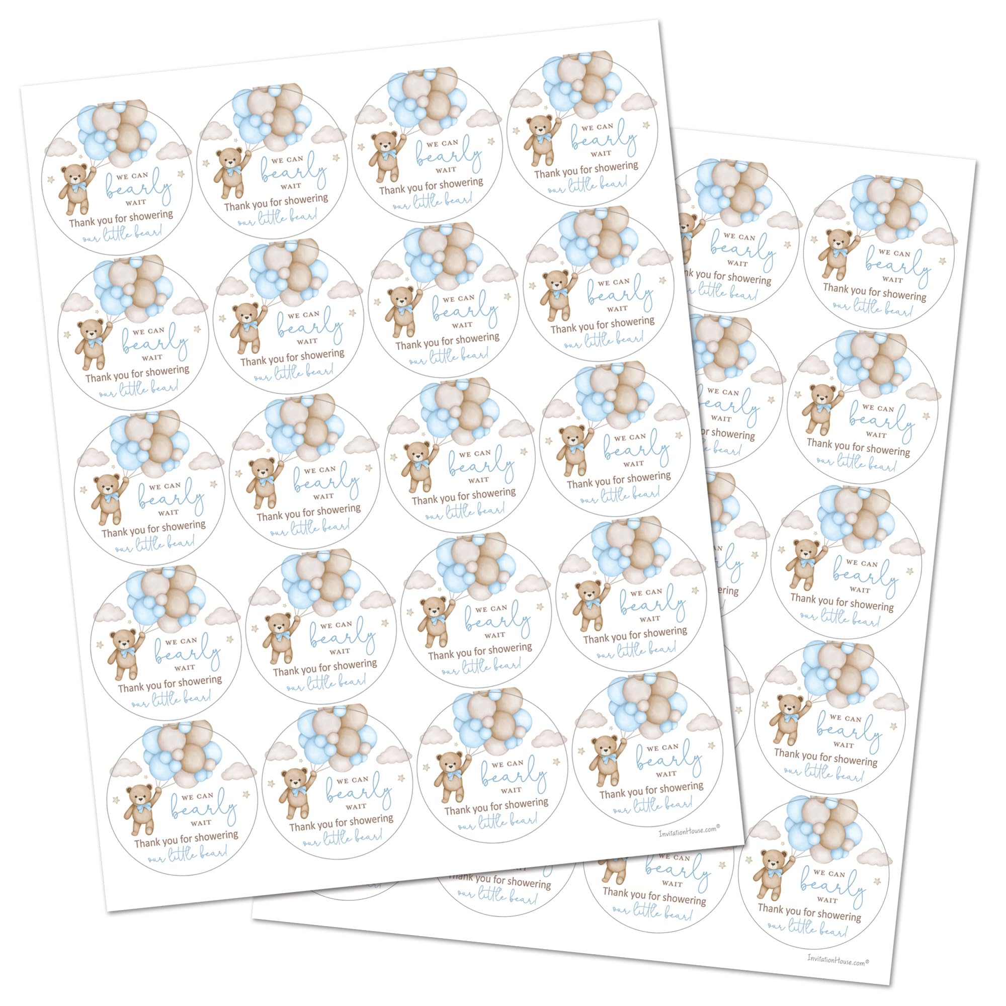 2" Round Boho Bear Balloons Baby Shower Thank You Favor Stickers - Set of 40 (Blue)