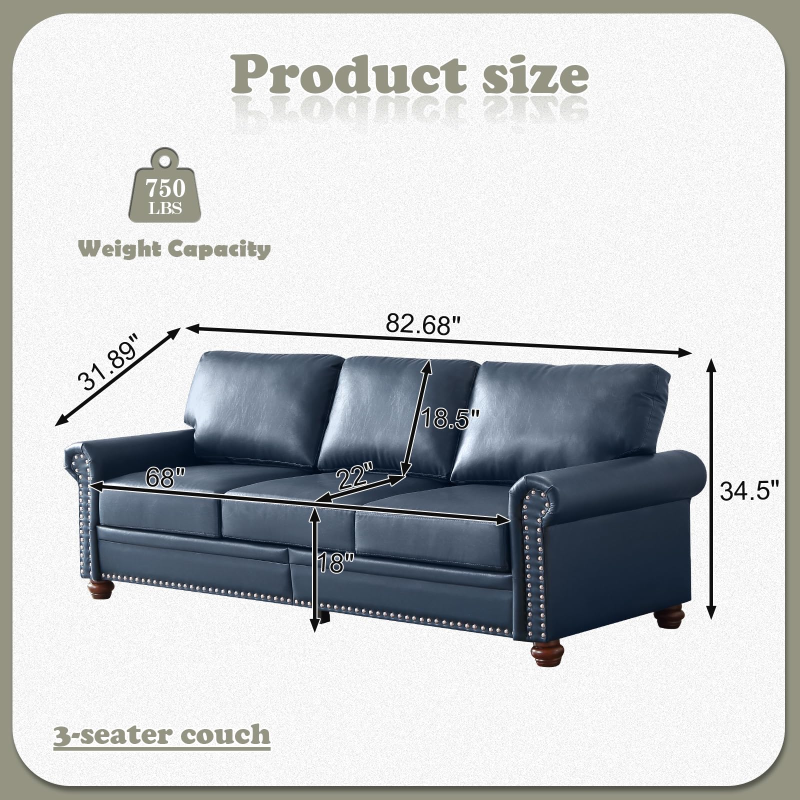 Antetek Comfy Upholstered PU Leather Sofa, 82.6-inch Mid-Century Modern Loveseat Sofas with Storage Space & Solid Bun Feet, 3-Seater Couches for Living Room Small Space, Bedroom, Navy Blue