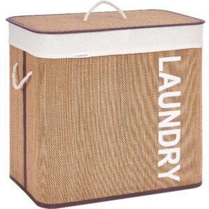 casamaya laundry basket, 33.6 gal (127l) bamboo laundry hamper with 2 section, hamper with lid, foldable, removable and machine washable liner, for laundry room, bedroom, natural lhb127y01