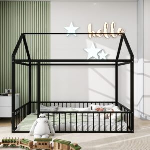 hausheck toddlers montessori floor bed twin size with rails for kids, twin size house bed with roof design for girls & boys, montessori beds metal bed frame no box spring needed, no limit weight