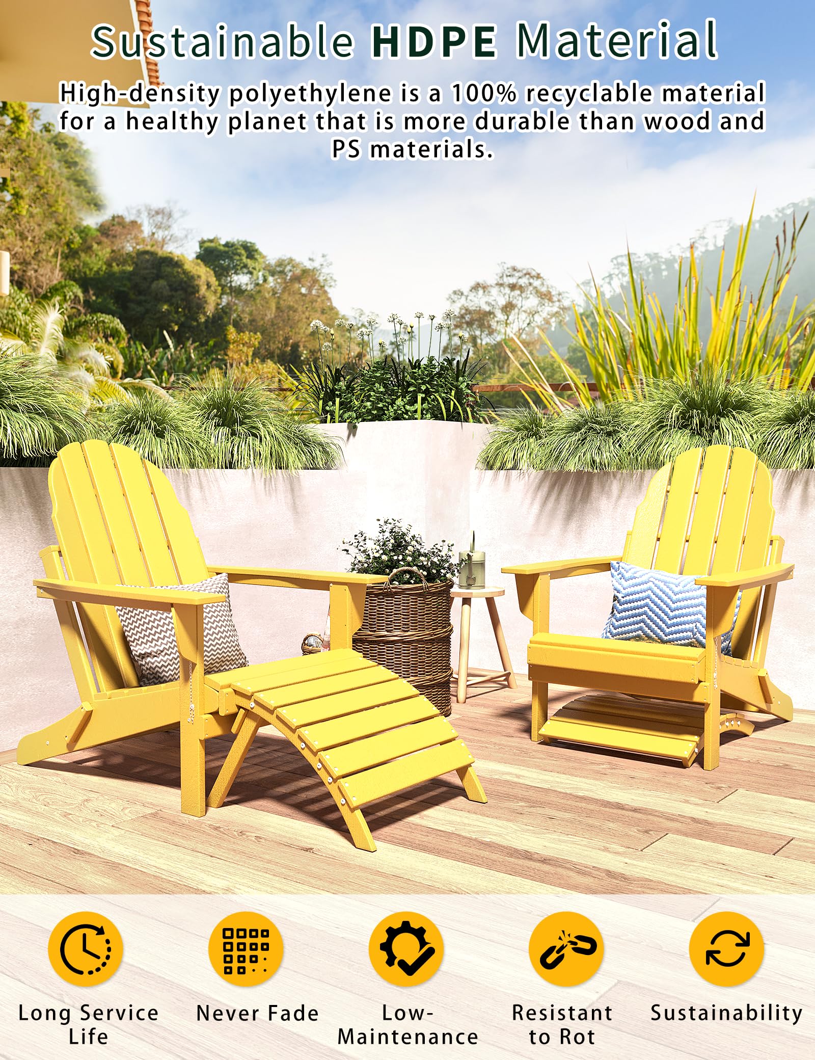 BUPPLEE Folding Adirondack Ottoman for Adirondack Chair, HDPE All Weather Outdoor Footrest Poly Lumber Adirondack Footstool for Patio, Backyard, Garden, Easily Storage - Yellow