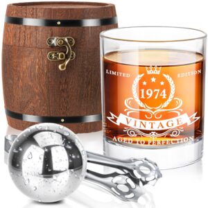 lighten life 50th birthday gifts for men,1974 whiskey glass set in barrel box,50 years old gifts,50th birthday gift ideas,1974 birthday gifts for dad husband,50th birthday decorations for men