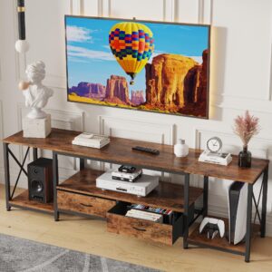 gyiiyuo tv stand with fabric drawer for 55 60 65 inches tv - entertainment center and industrial tv console table with open storage shelves for living room, bedroom - 55.1" rustic brown