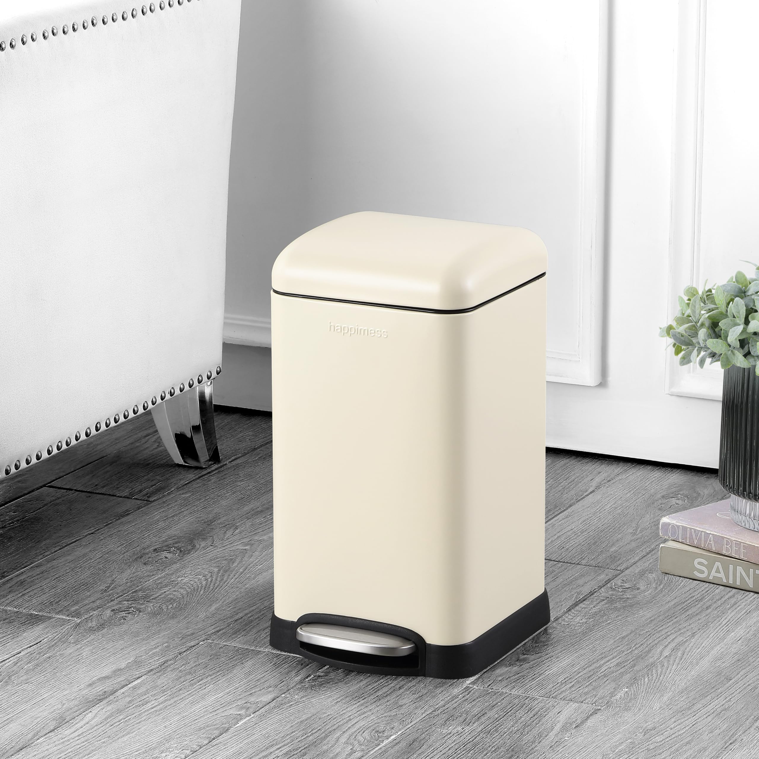 happimess HPM1012J Betty Retro Mini 3.2-Gallon Step-Open Trash Can, Fingerprint Resistant, Modern, Minimalistic for Home, Kitchen, Laundry Room, Office, Bedroom, Bathroom, Limestone Beige