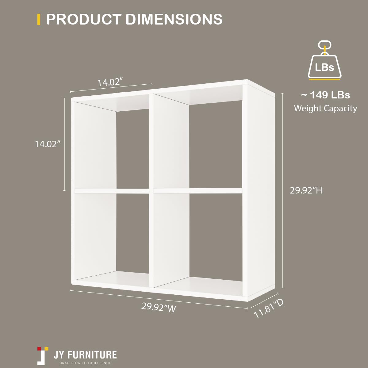 JY Furniture 4-Cube Bookcase Organizer, Cube Storage Organizer for Toys, Books, Decor for Home Office, Bedroom, Living Room, White (11.81" D x 29.92" W x 29.92" H)